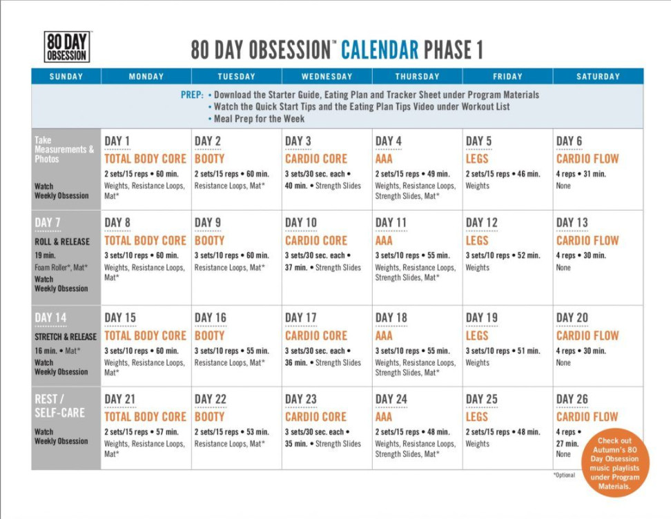 80 Day Obsession Calendar - Good calendar idea
